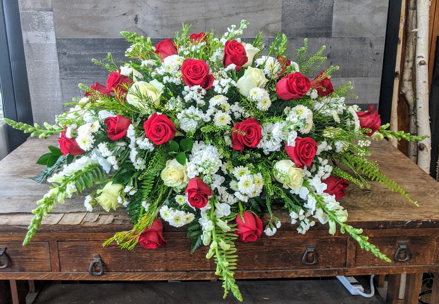 Classic Red and White Casket Spray by Harrington Flowers