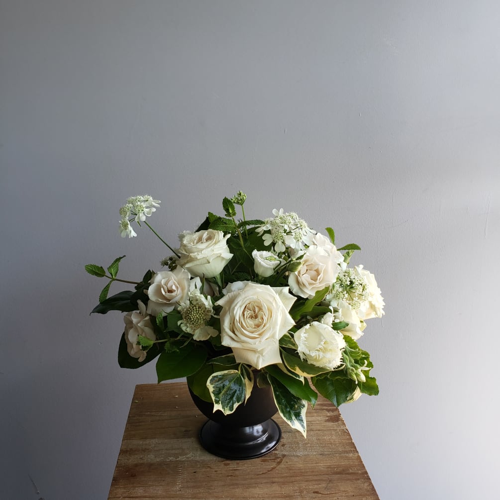 Classic White Compote Centerpiece by Isha Foss Design