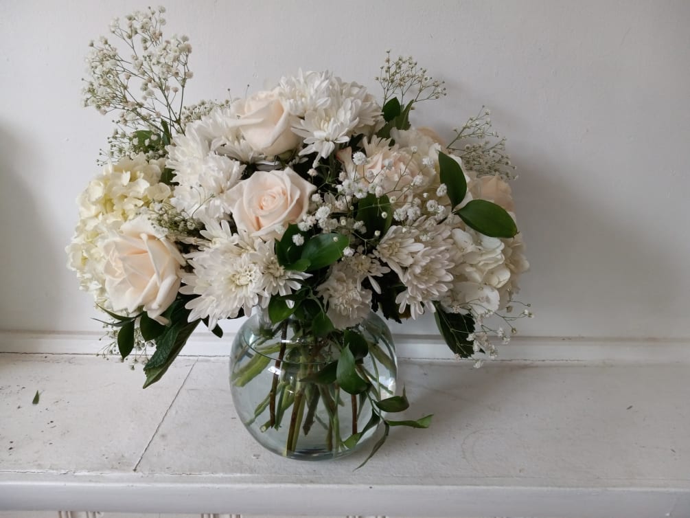 All white "Gala" arrangement by Elena's Flowers