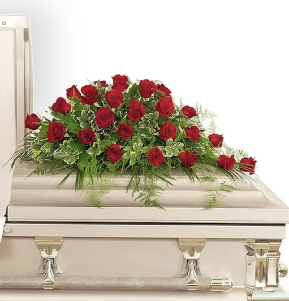Majestic Red Casket Spray by Rosebud Floral Art