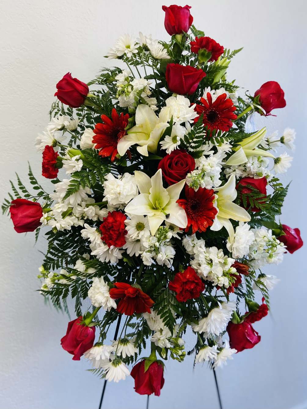 Red Roses & White Lilies Standing Spray Easel by Sammy Wammy Floral