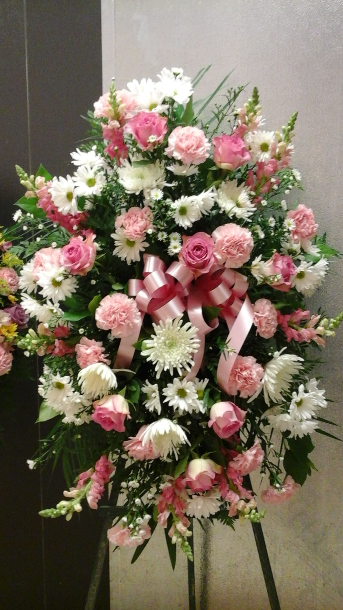 Pink and white standing spray (FS1) in Oakland, CA | From the Heart Florist