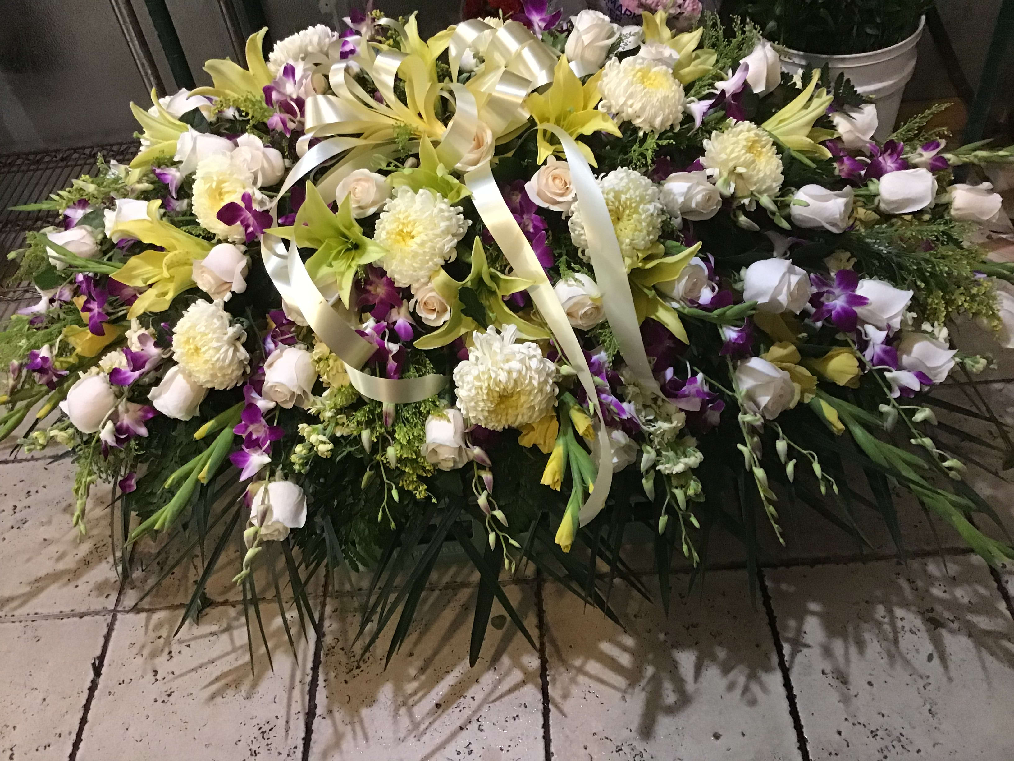 Orchid and Lily casket spray (FC10) in Oakland, CA | From the Heart Florist