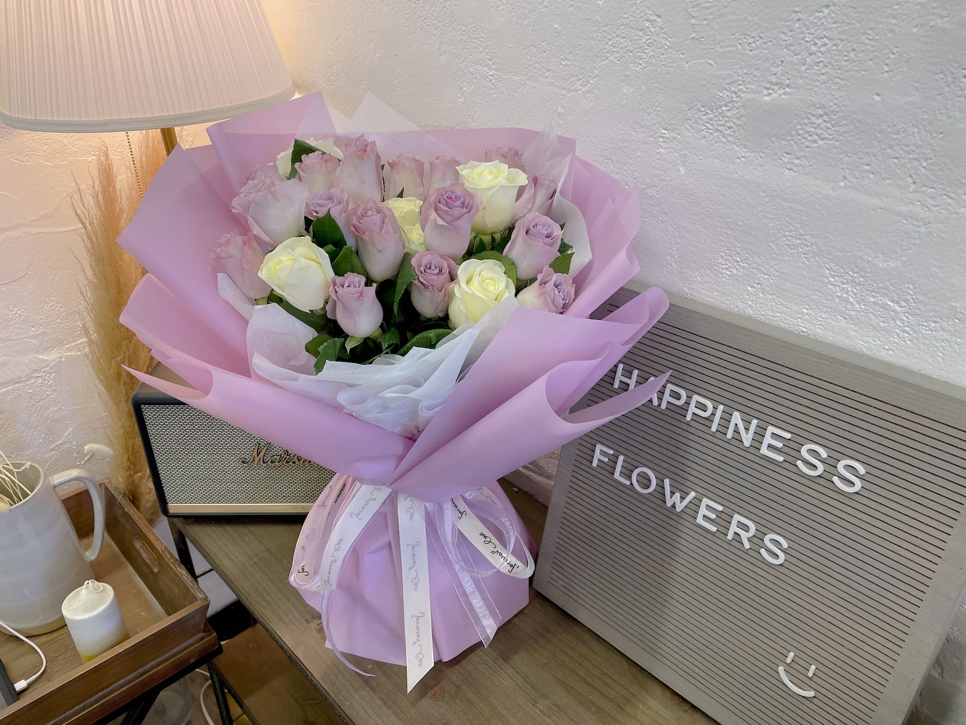 White and Lavender Rose Bouquet in Chino CA Happiness Flowers