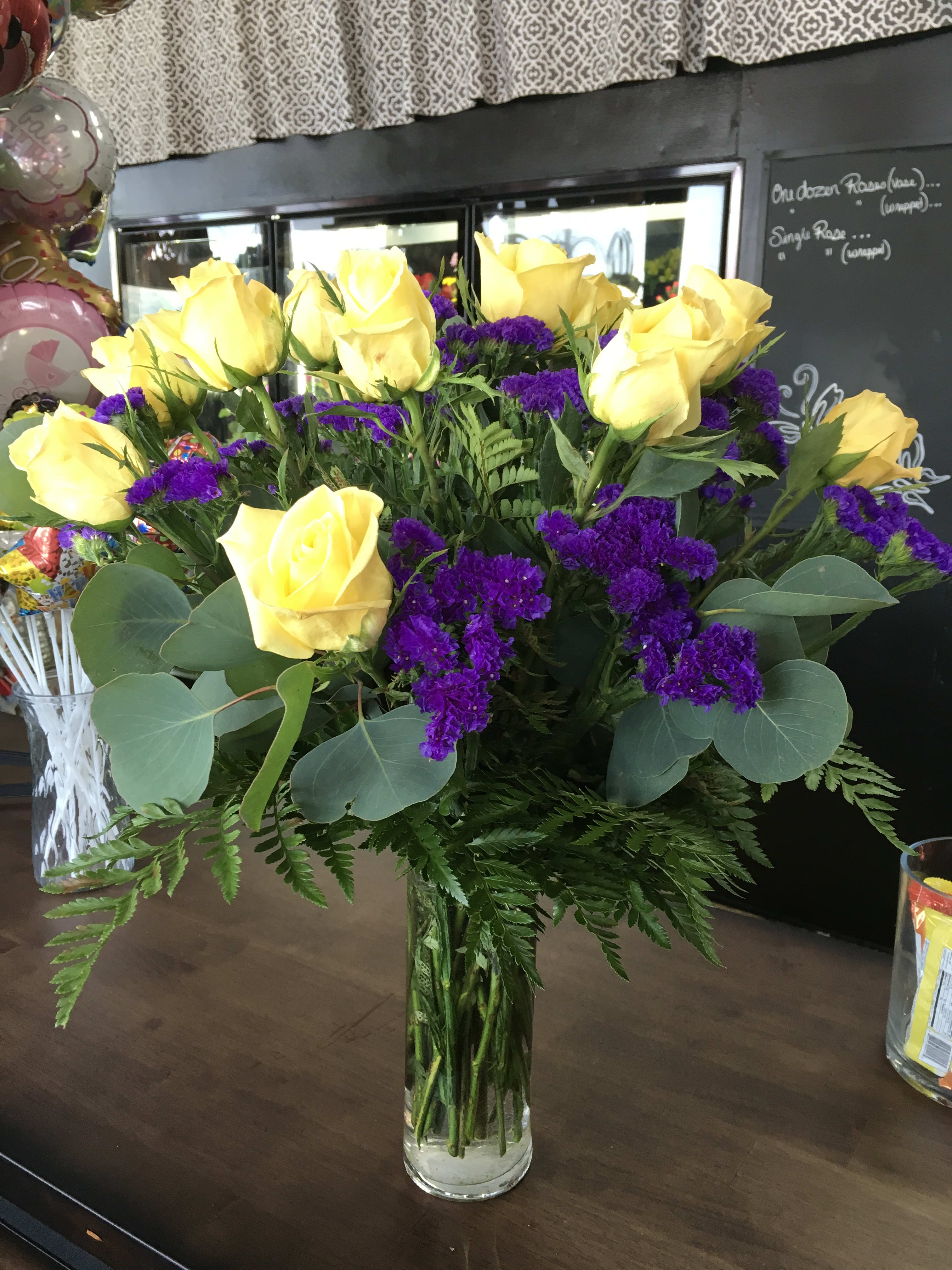 Yellow Roses and Purple Statice by Rosemantico Flowers