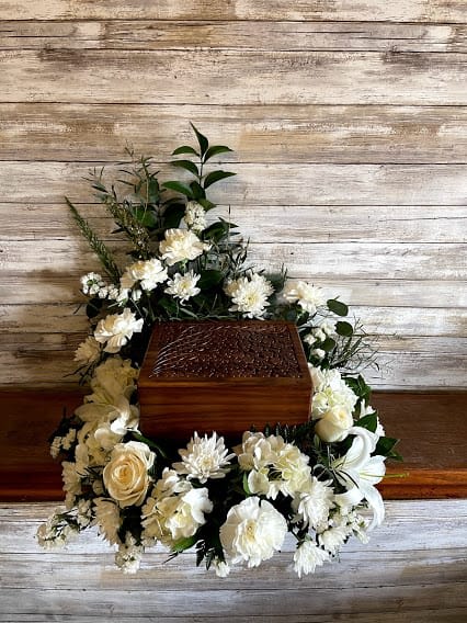 All White Cremation Box Arrangement in Point Pleasant, NJ | Purple Iris ...