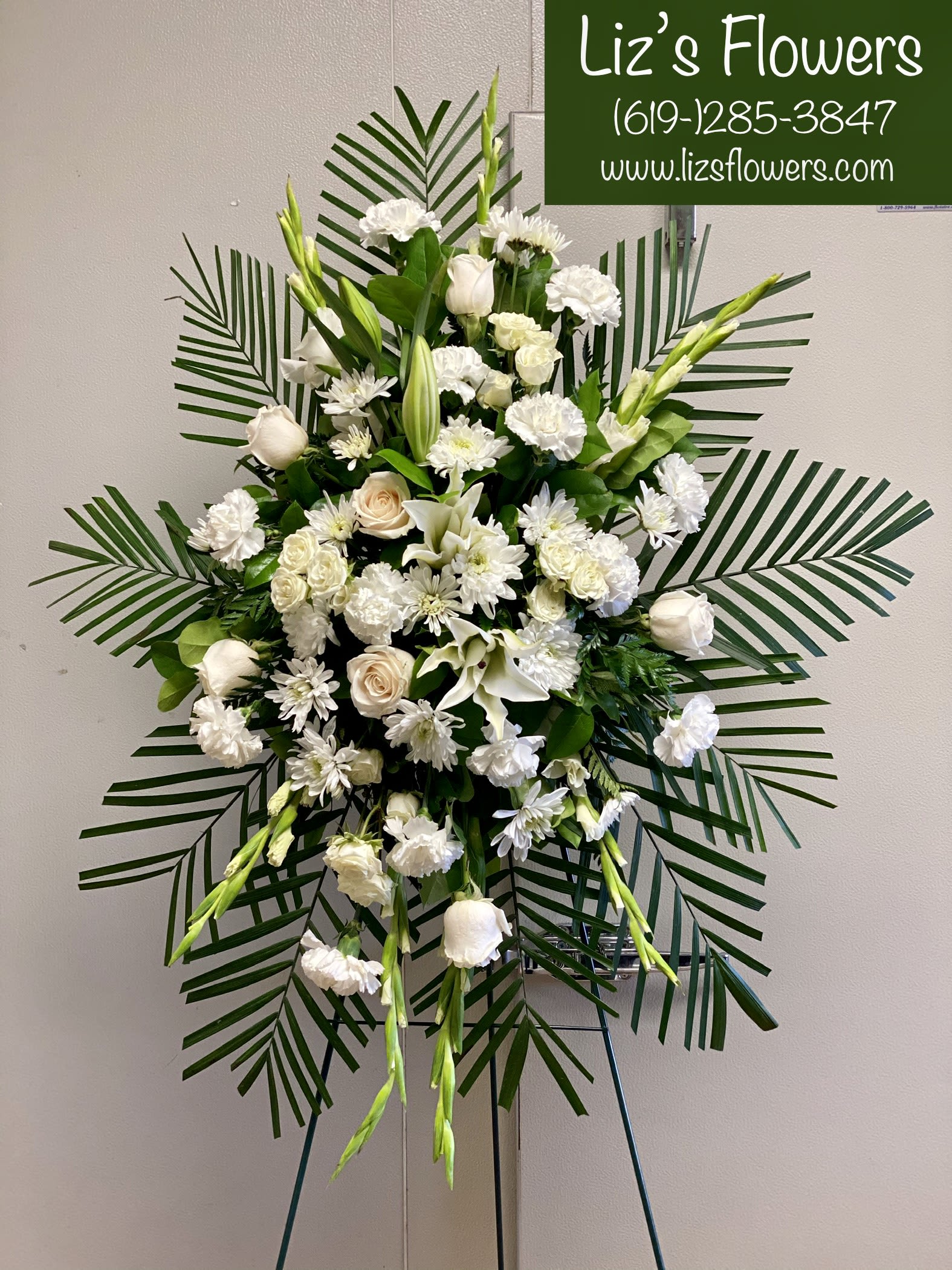 White Sympathy Standing Spray in San Diego, CA | Liz's Flowers