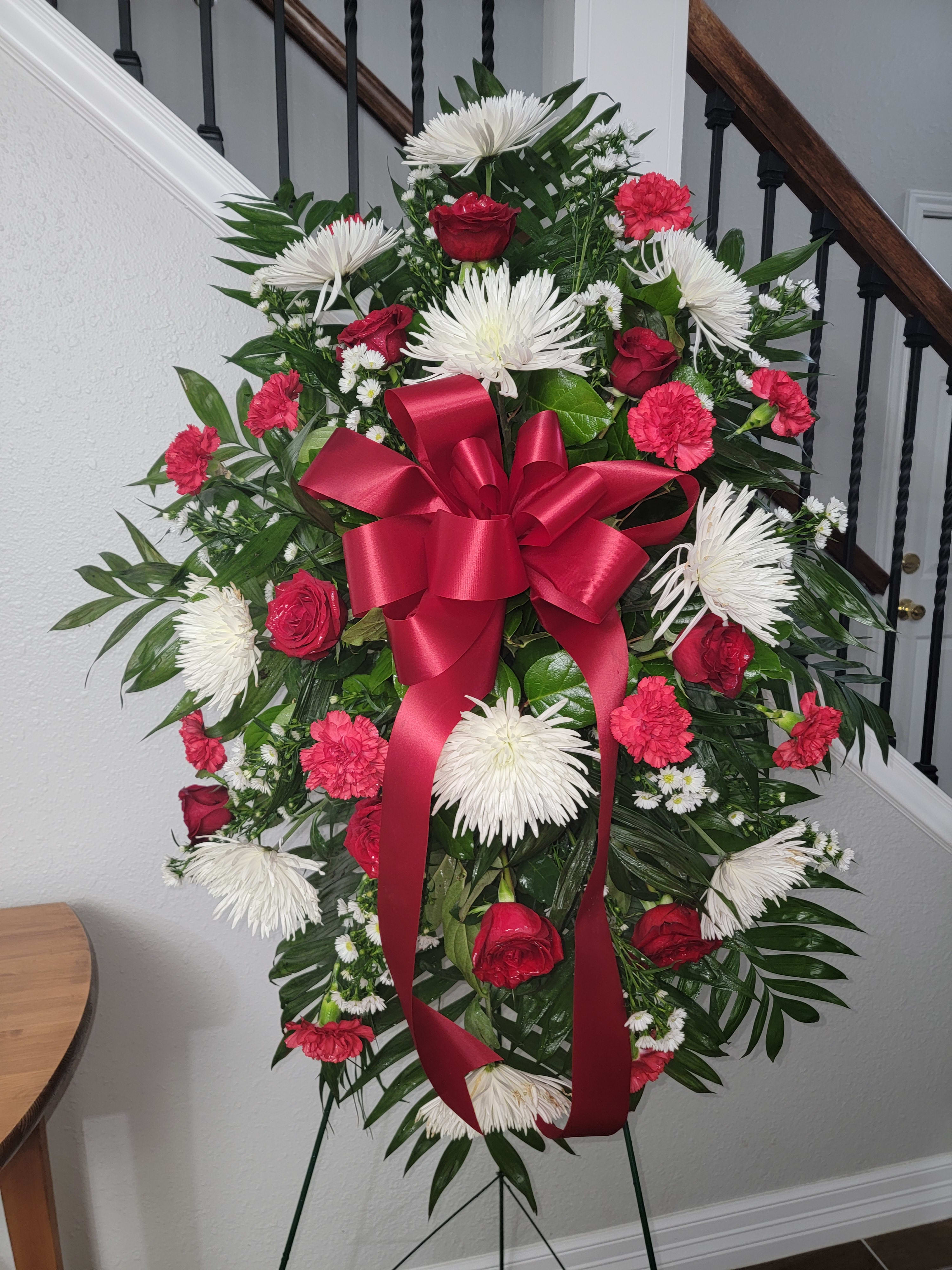 Red & White Rose & Carnation Easel Spray in La Porte, TX | THE FLOWER ...
