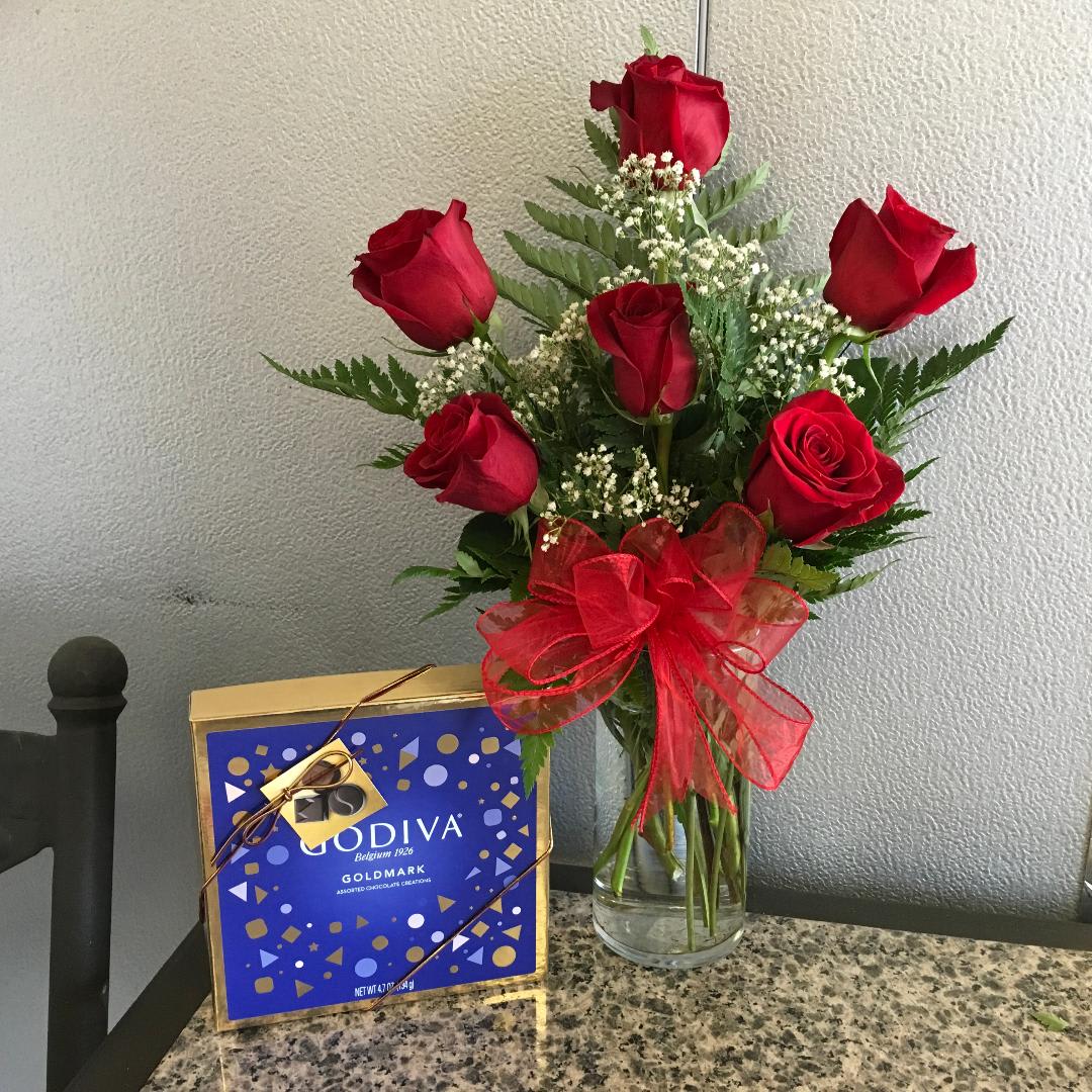 6 Red Roses & Godiva by Devil Delights Delivered