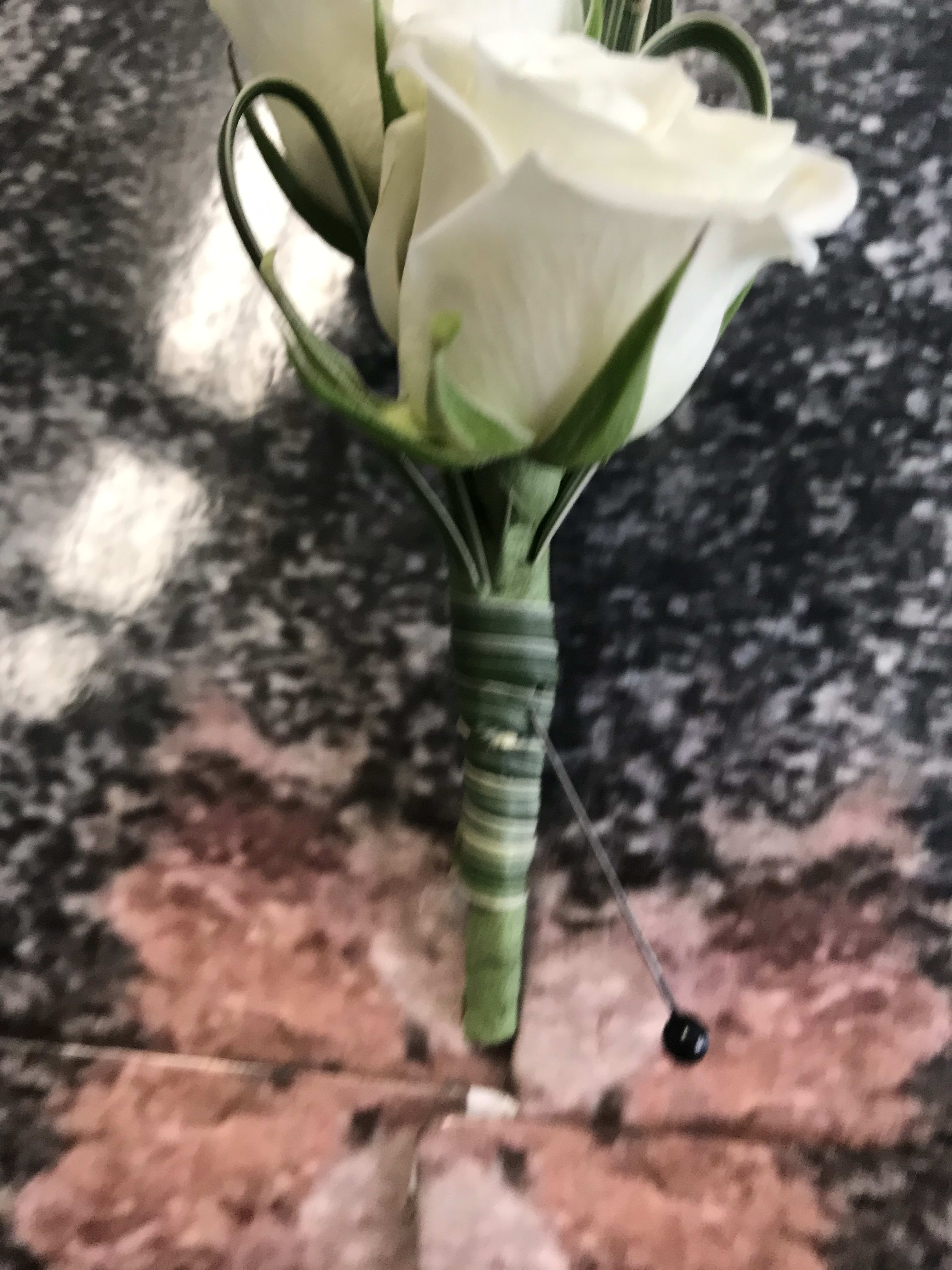 BOUT005 - White Rose With Leaf Wrap by Victoria Park Flower Studio