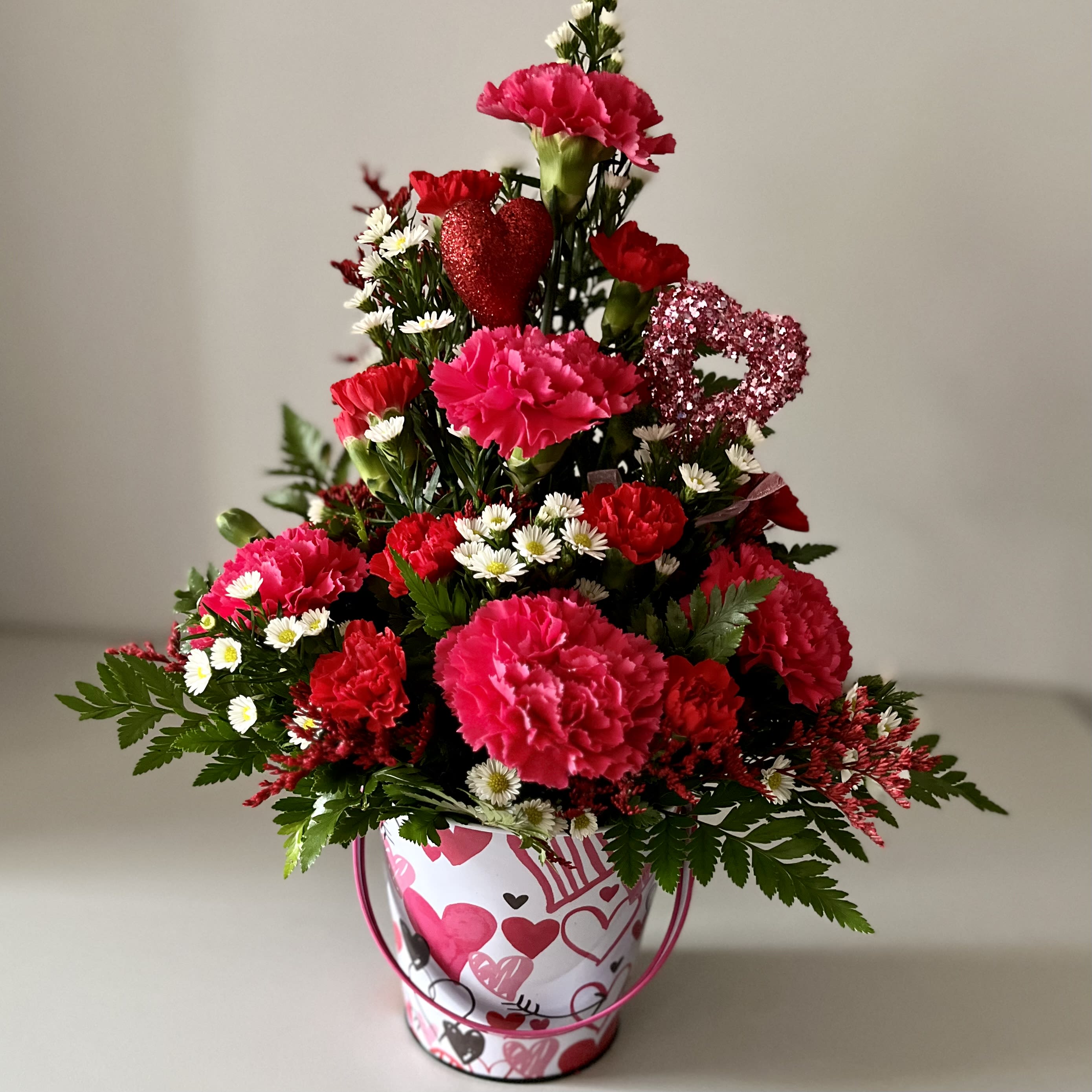 Pink and Red Carnation Arrangement in Heart Tin by A&M Floral Express