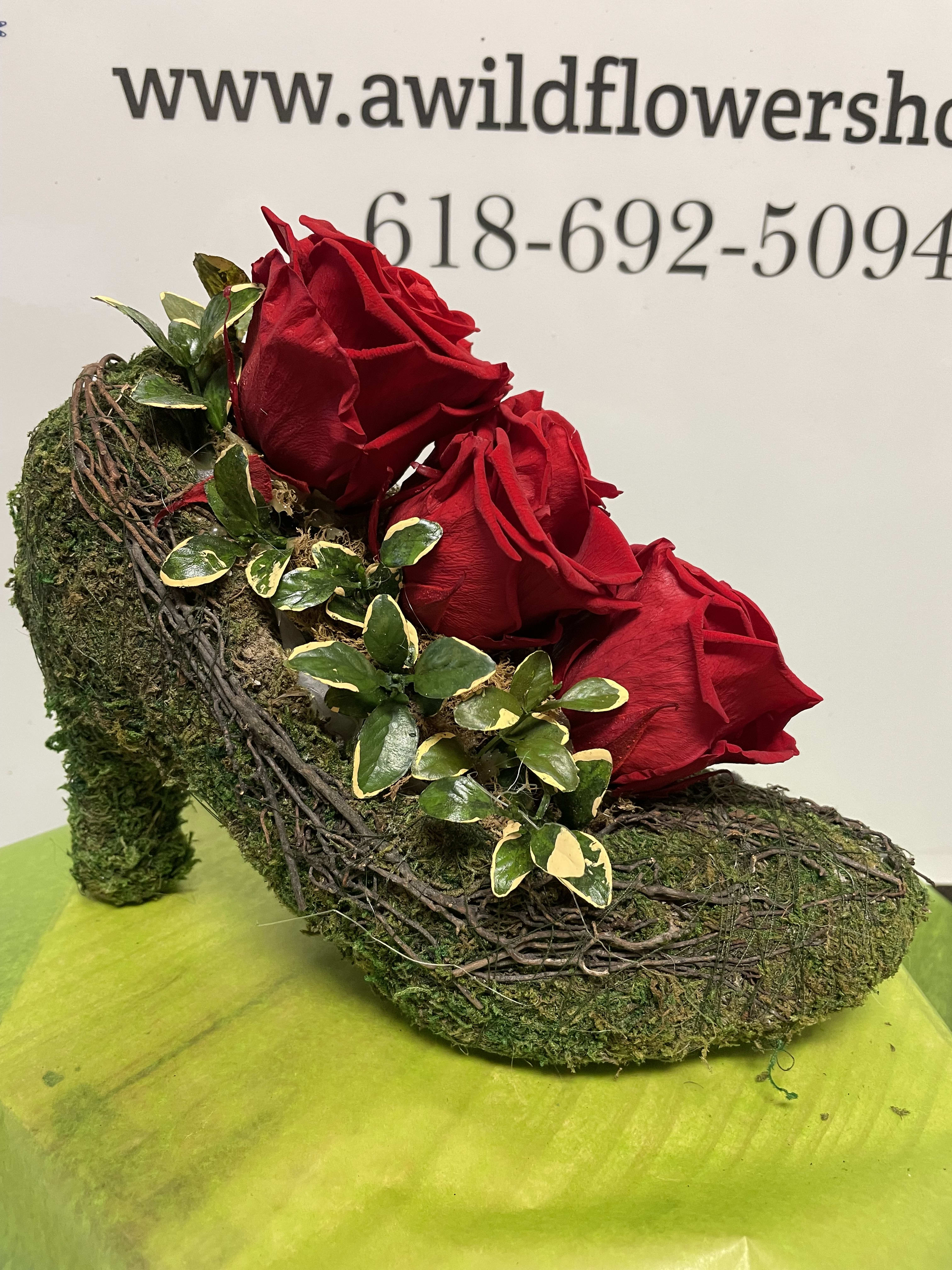 Moss Shoe with Preserved Rosesby A Wildflower Shop
