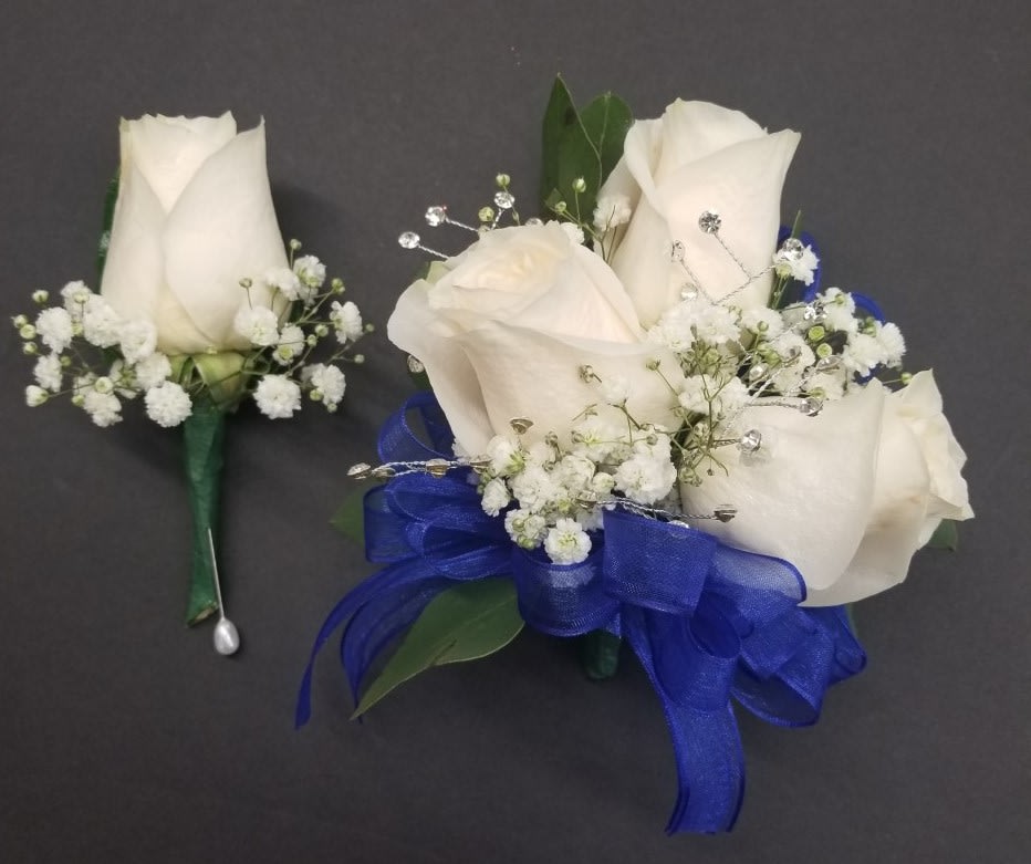 prom corsages blue and white in Pasadena, TX | The Chocolate Rose