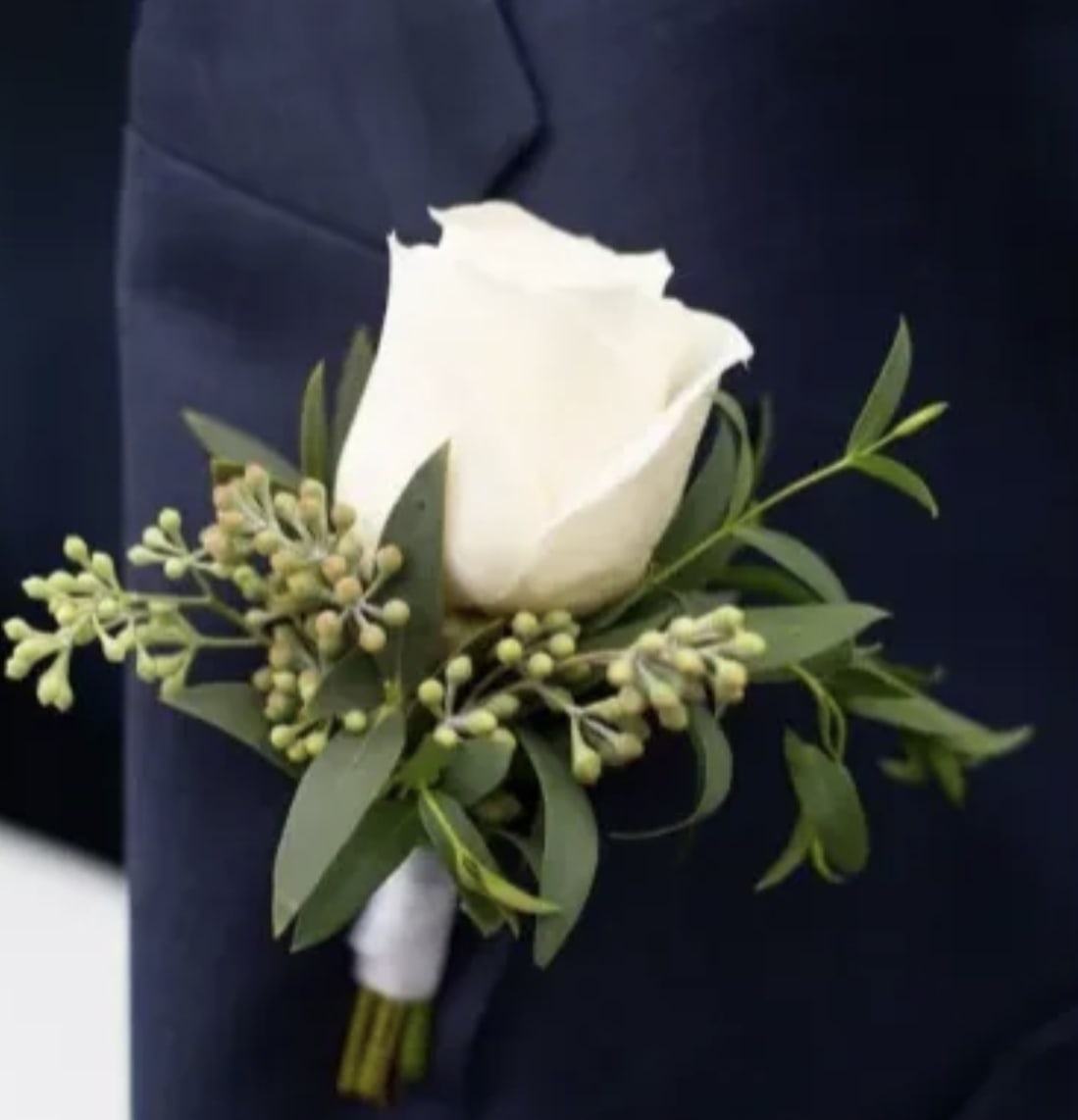 Traditional White Rose Boutonnière by Hawthorne's Company