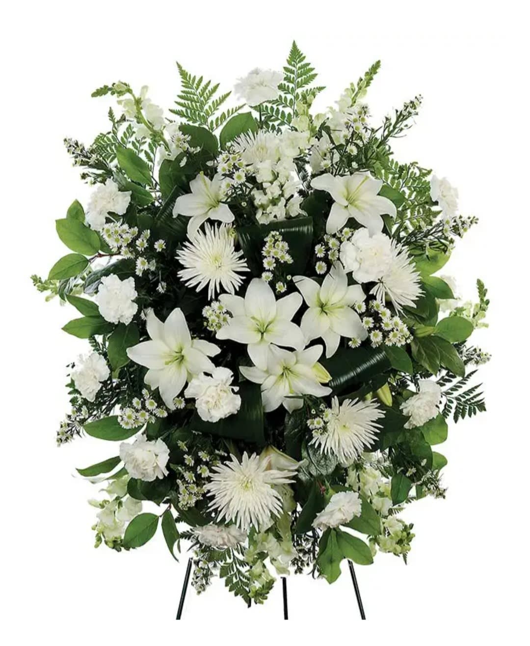 A classic white floral sympathy standing spray by Charming Flower