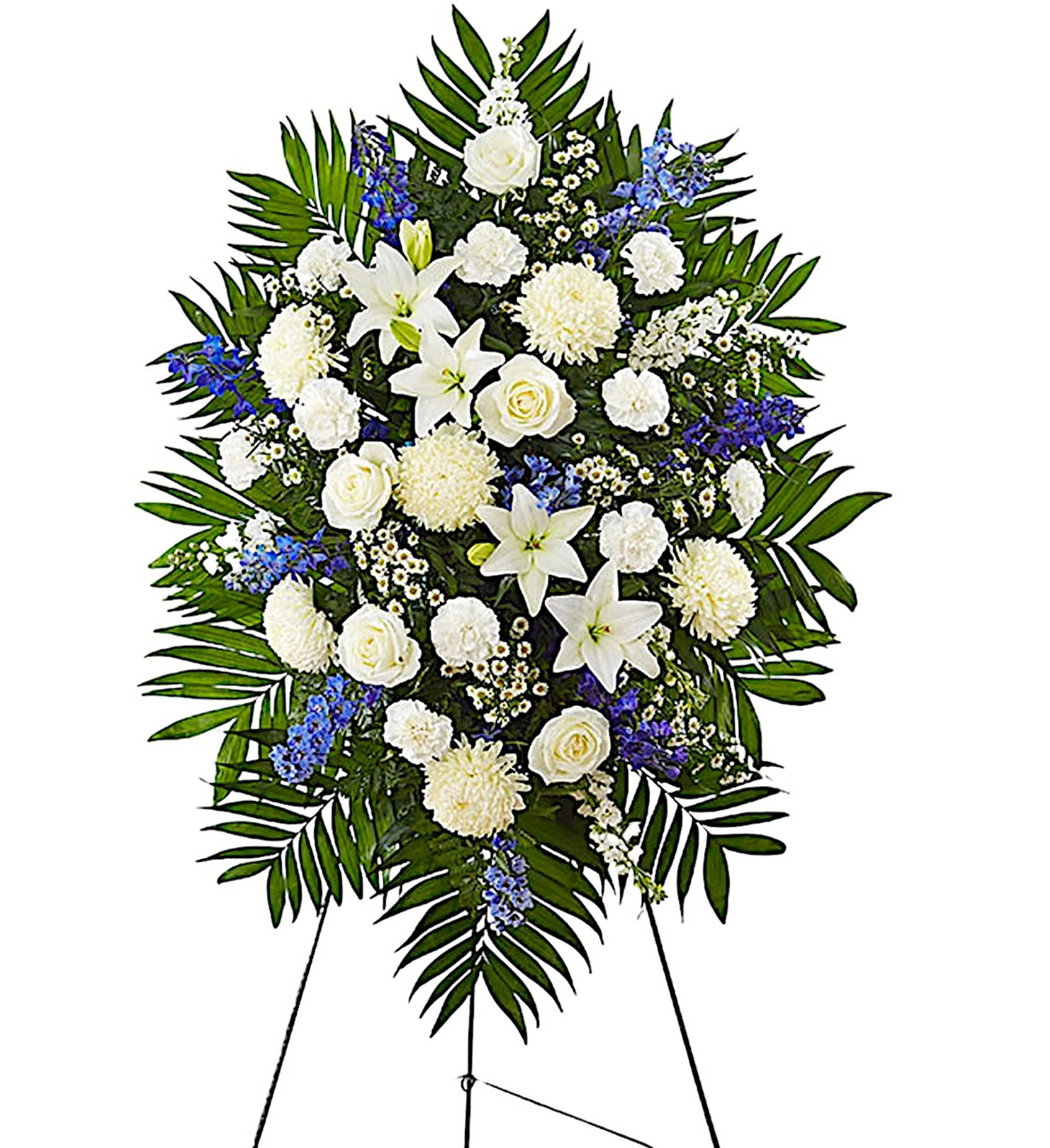 Blue and White Funeral Standing Spray by Ninfa's Flowers