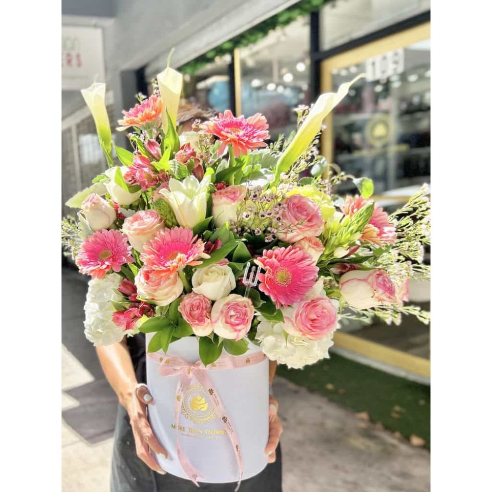 Lushly Flower Box Bouquet - White Box, Light Pink by More Than Flowers