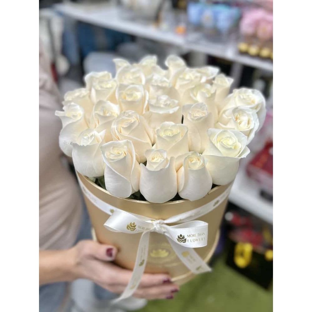 Round Box Roses Bouquet - Gold Box, White by More Than Flowers