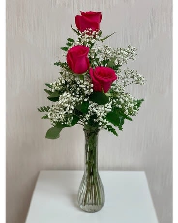 Three Hot Pink Rose Bud Vase in Coos Bay, OR | Checkerberry's Flowers ...