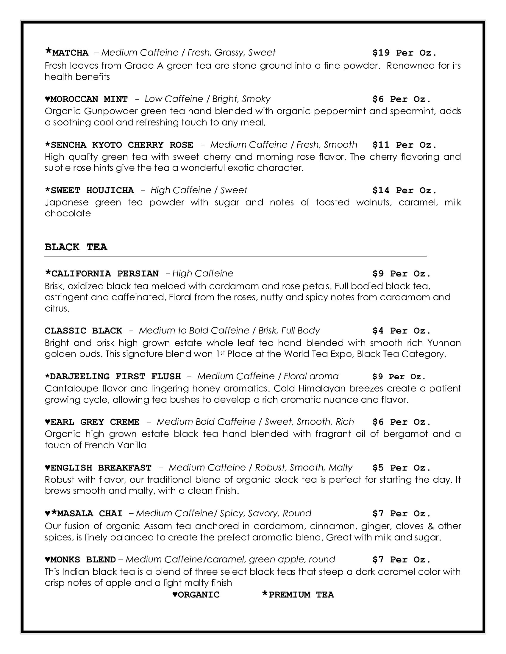 Tea Beverage Menu | Classics Flowers and Confections
