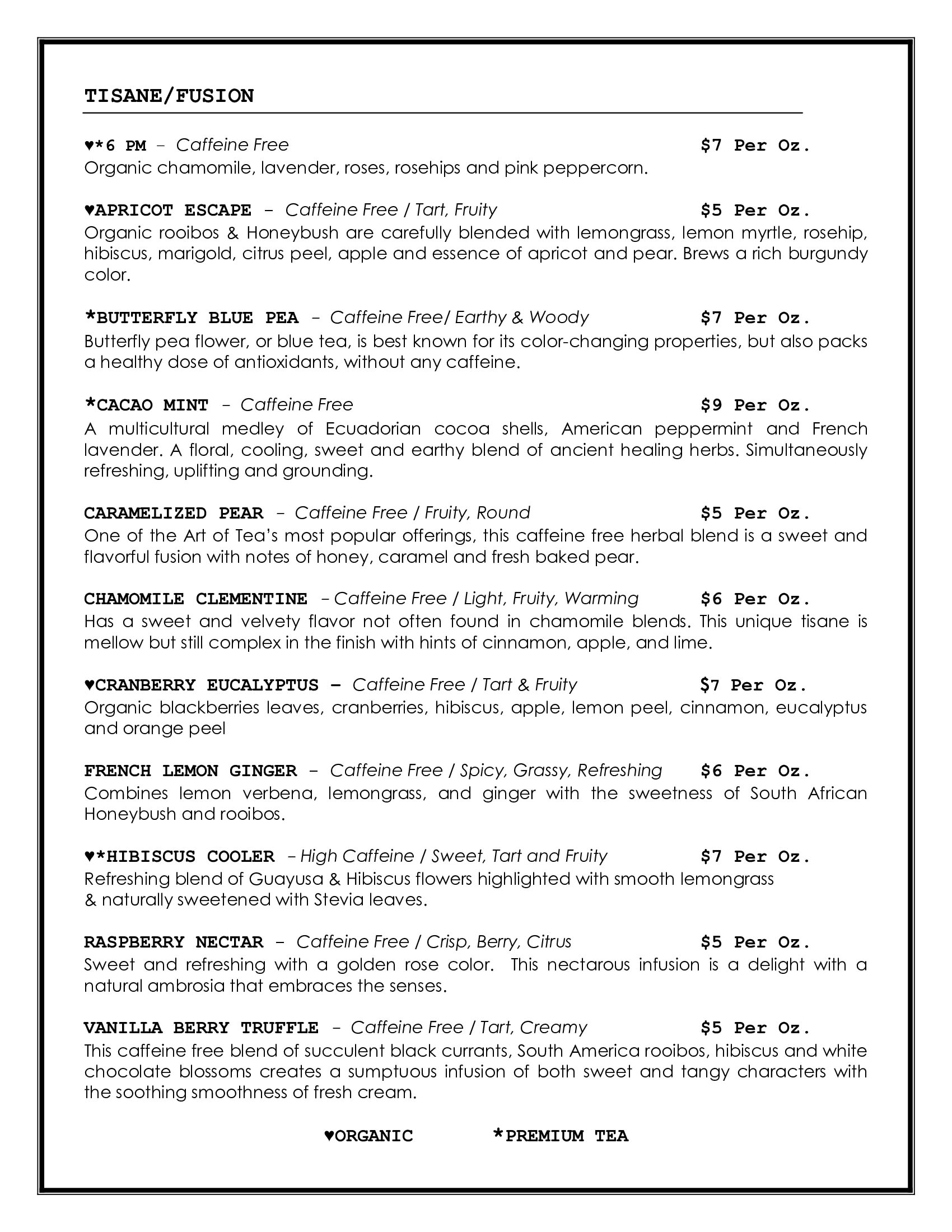 Tea Beverage Menu | Classics Flowers and Confections