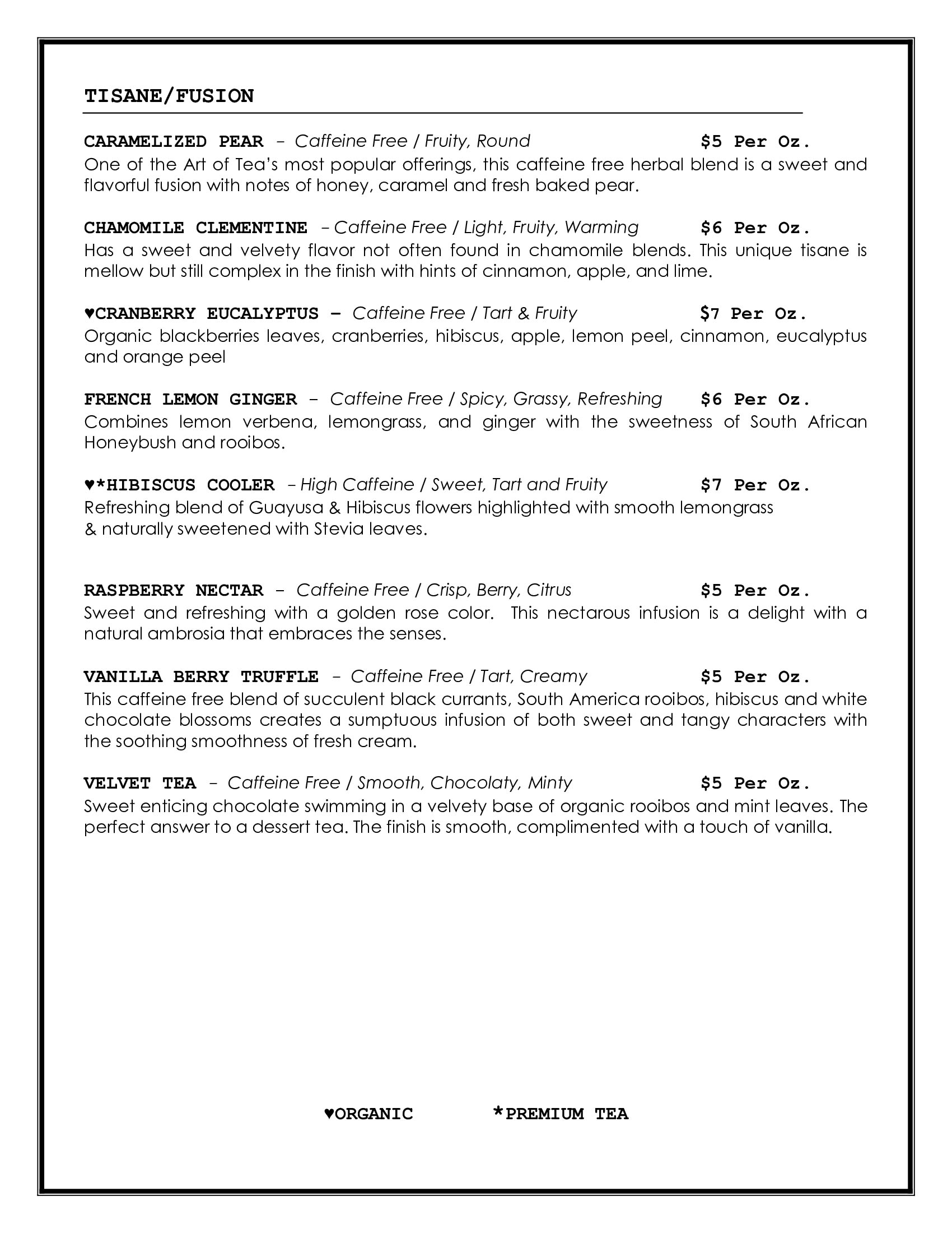 Tea Beverage Menu | Classics Flowers and Confections