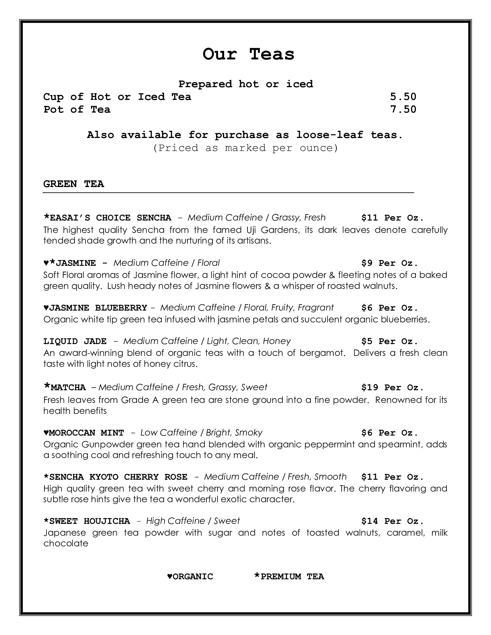 Tea Beverage Menu | Classics Flowers and Confections