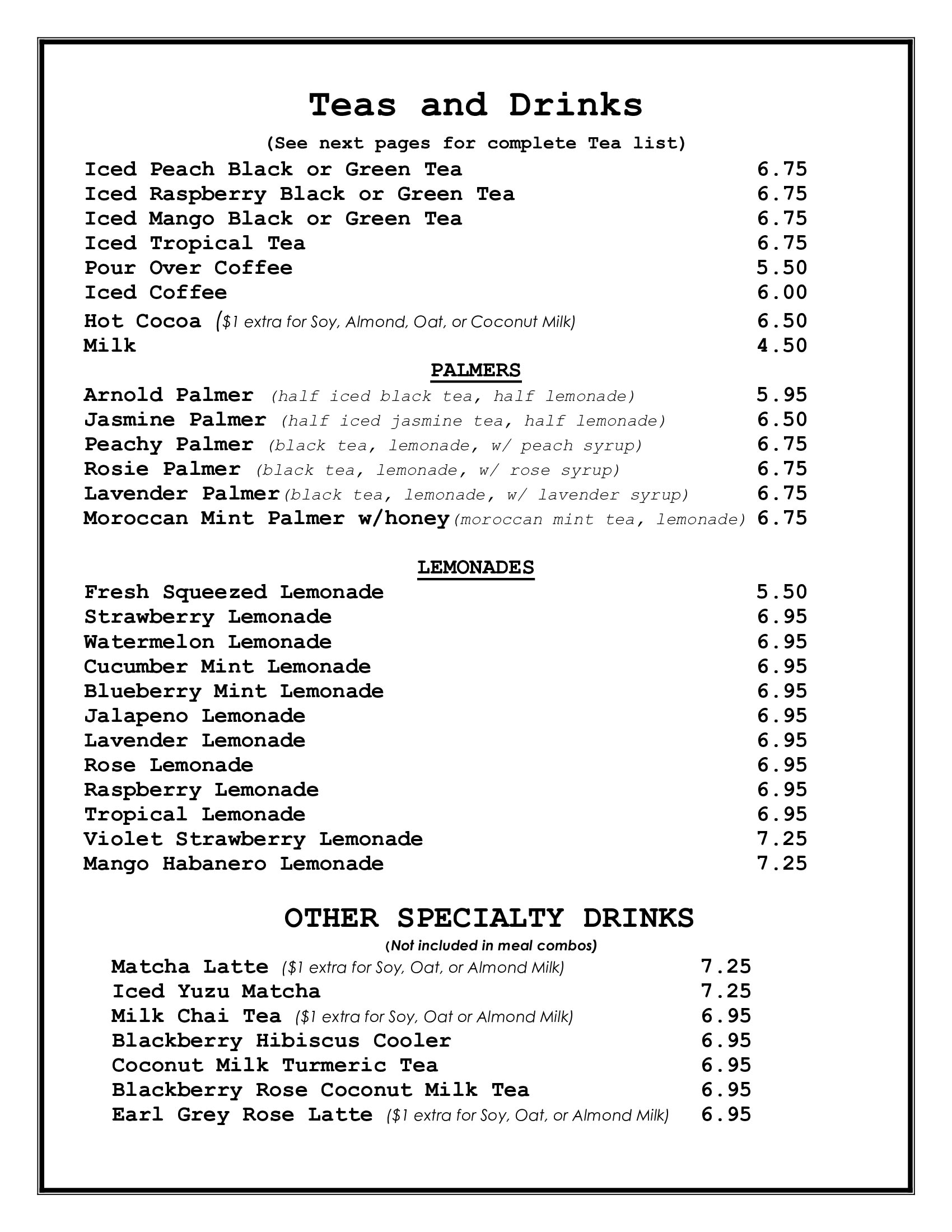 Tea Beverage Menu | Classics Flowers and Confections