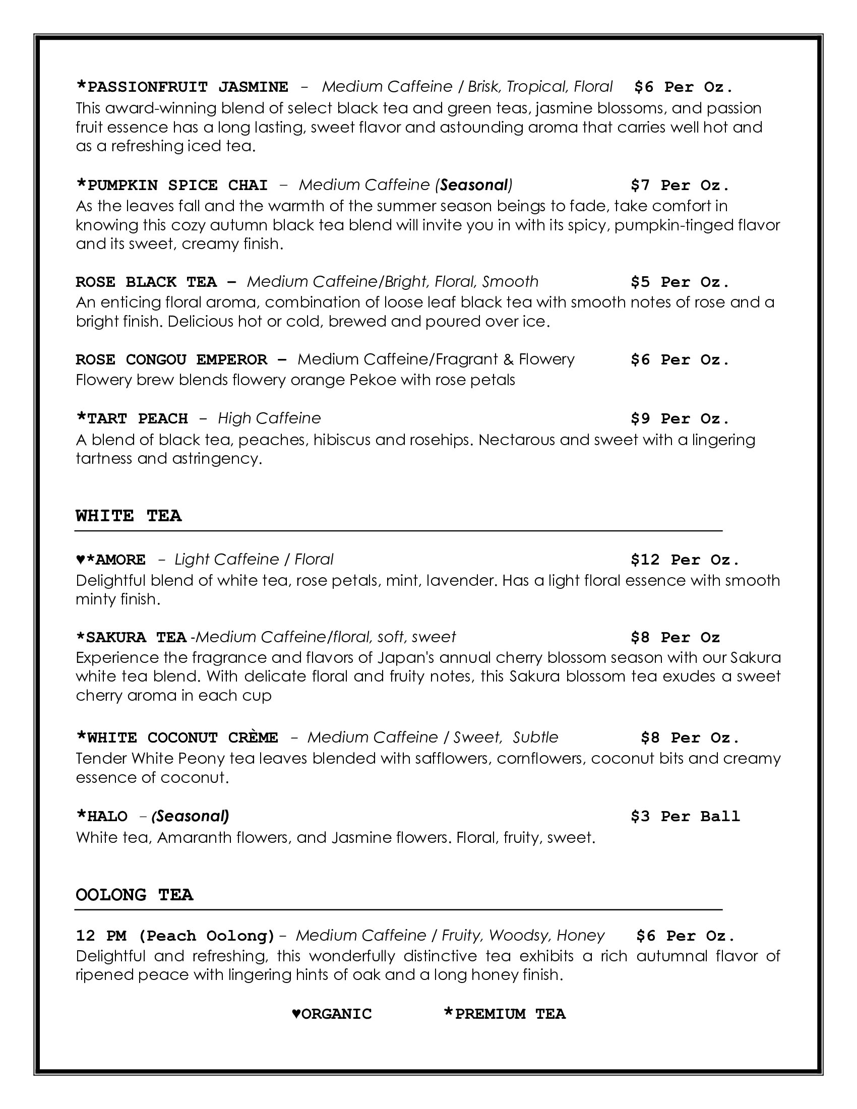 Tea Beverage Menu | Classics Flowers and Confections