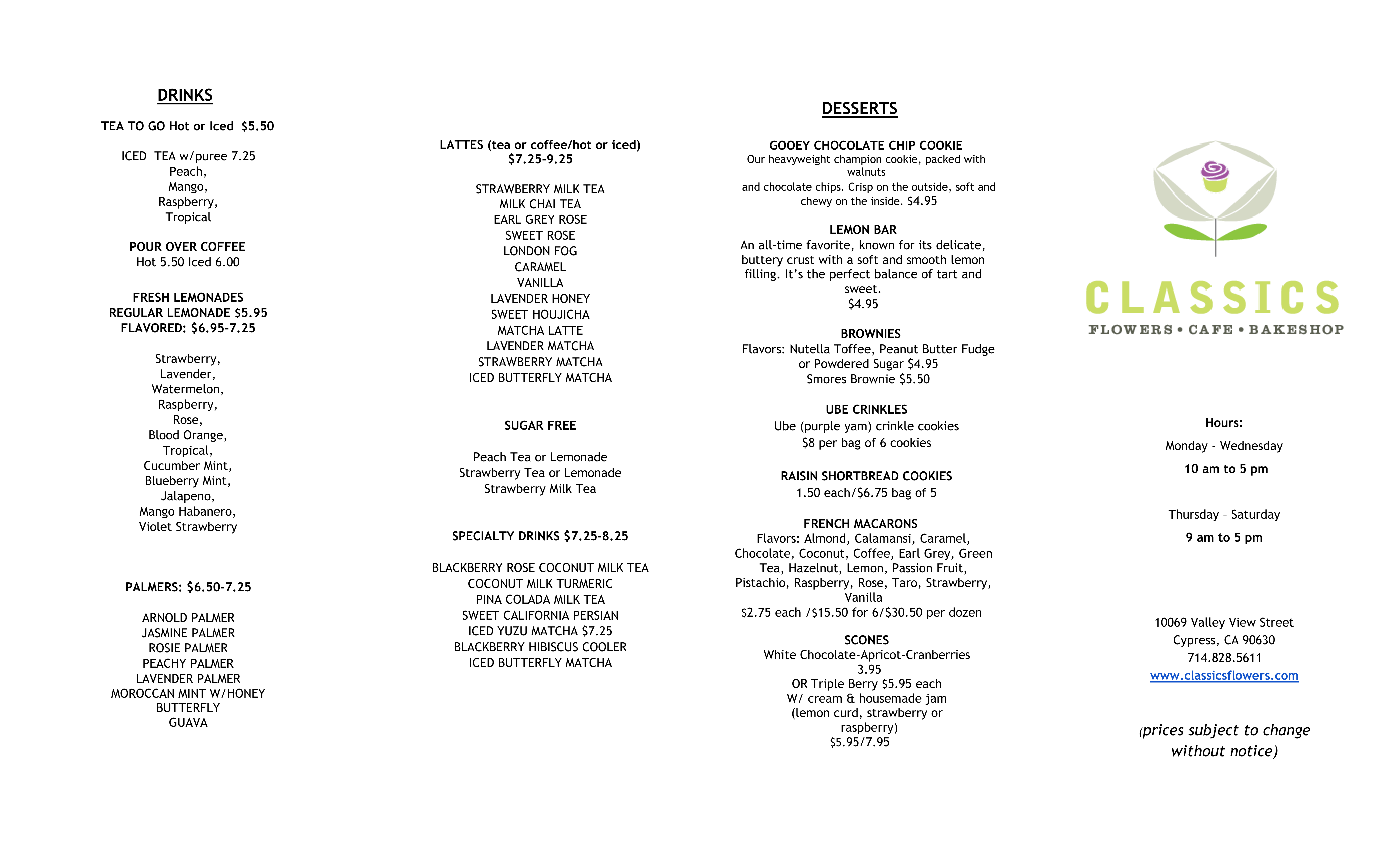 To Go Menu new | Classics Flowers and Confections