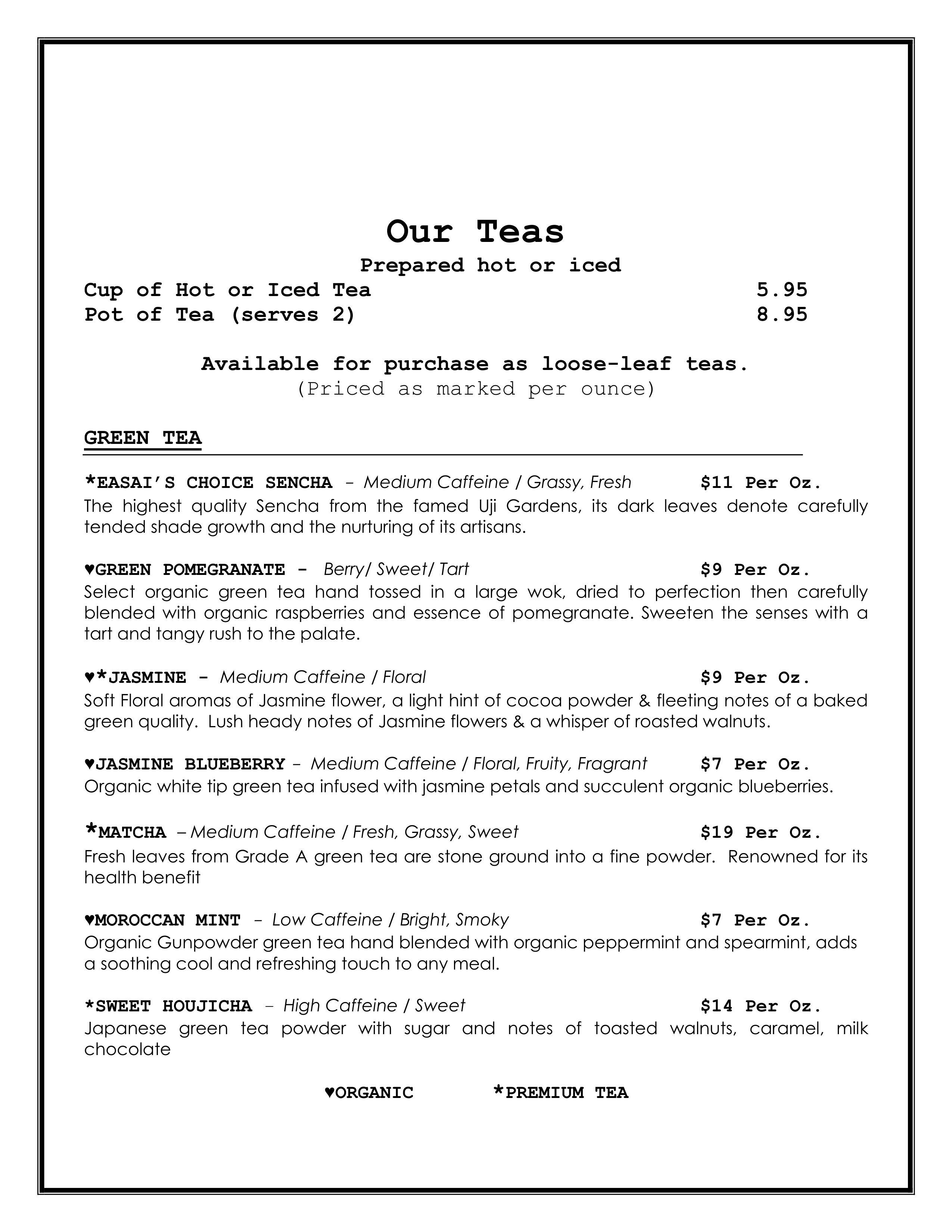 Tea Beverage Menu | Classics Flowers and Confections